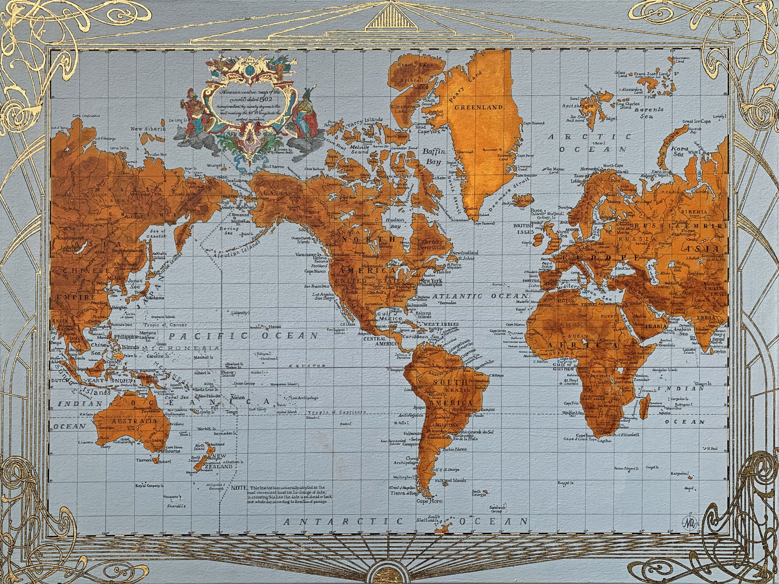 1902 Americacentric Map of the World by Marco Araldi - London ...